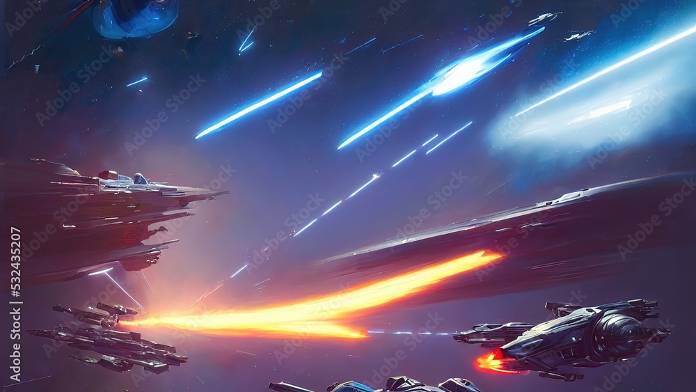 Space battle of spaceships and battle cruisers, laser shots sparks and ...