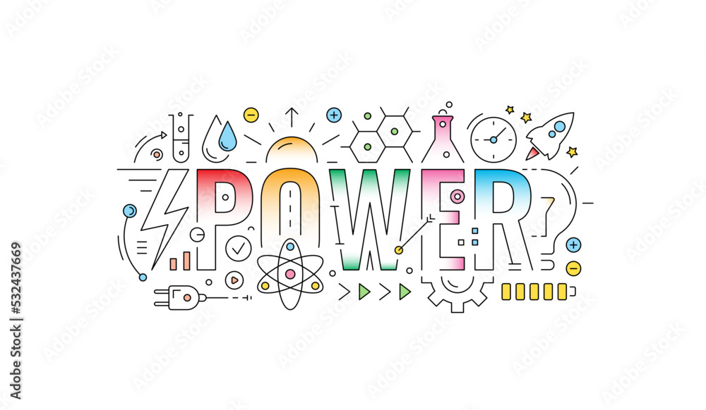 colored power word and power symbols. technical drawing power concept ...
