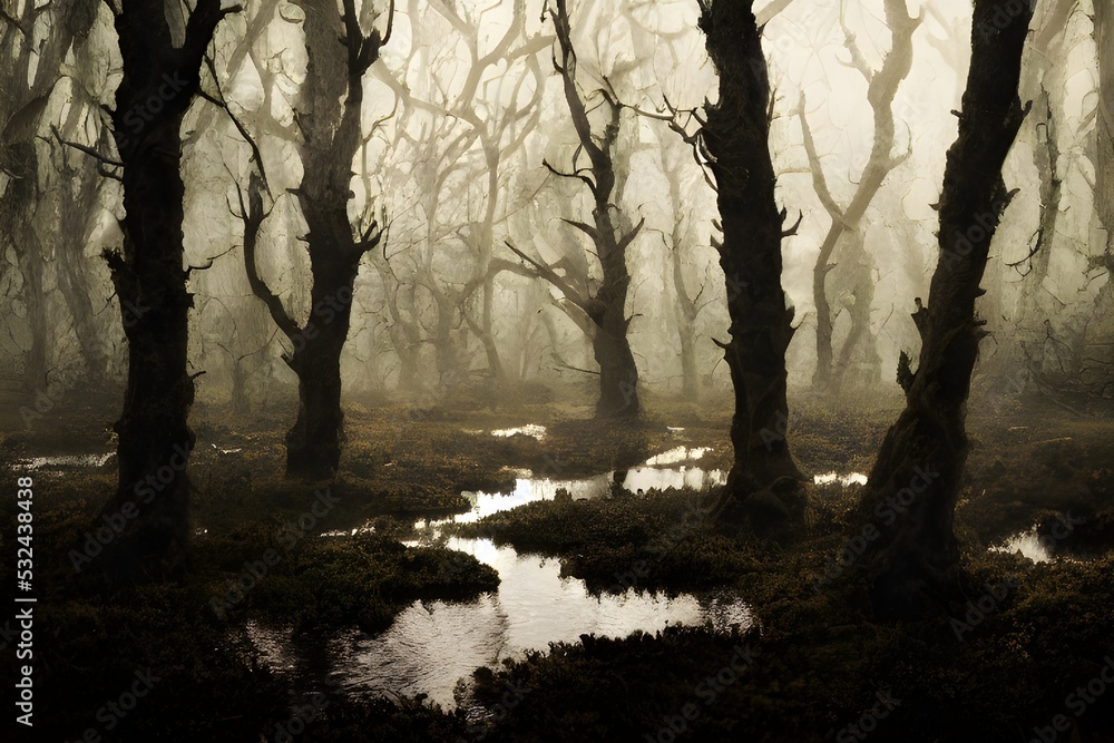 A foggy swamp. Dark and mysterious. Stock Illustration | Adobe Stock