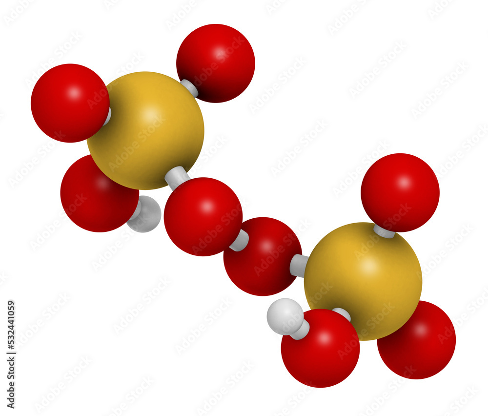 Peroxydisulfuric acid oxidizing agent molecule. 3D rendering. Atoms are ...