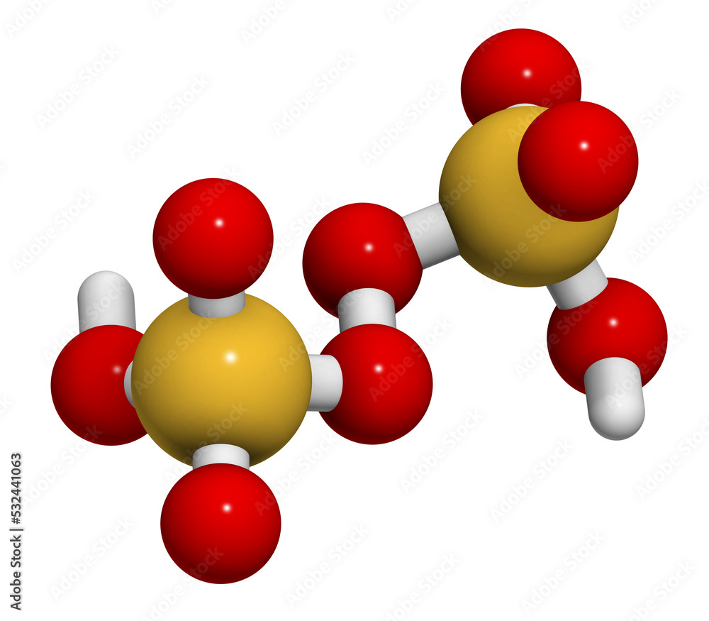 Peroxydisulfuric acid oxidizing agent molecule. 3D rendering. Atoms are ...