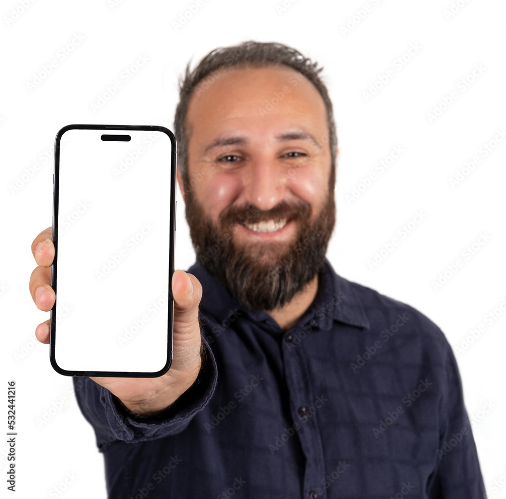 Holding smartphone, happy smiling caucasian male holding smartphone ...