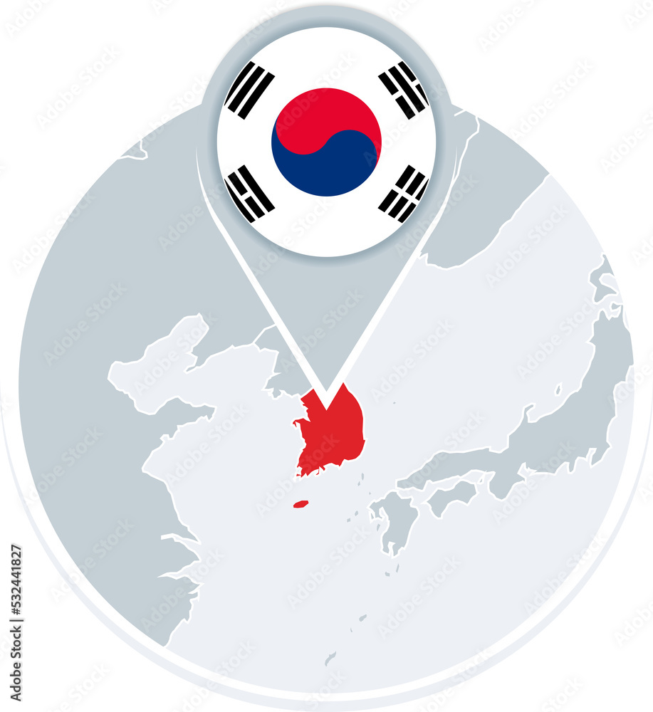 South Korea map and flag, map icon with highlighted South Korea Stock ...