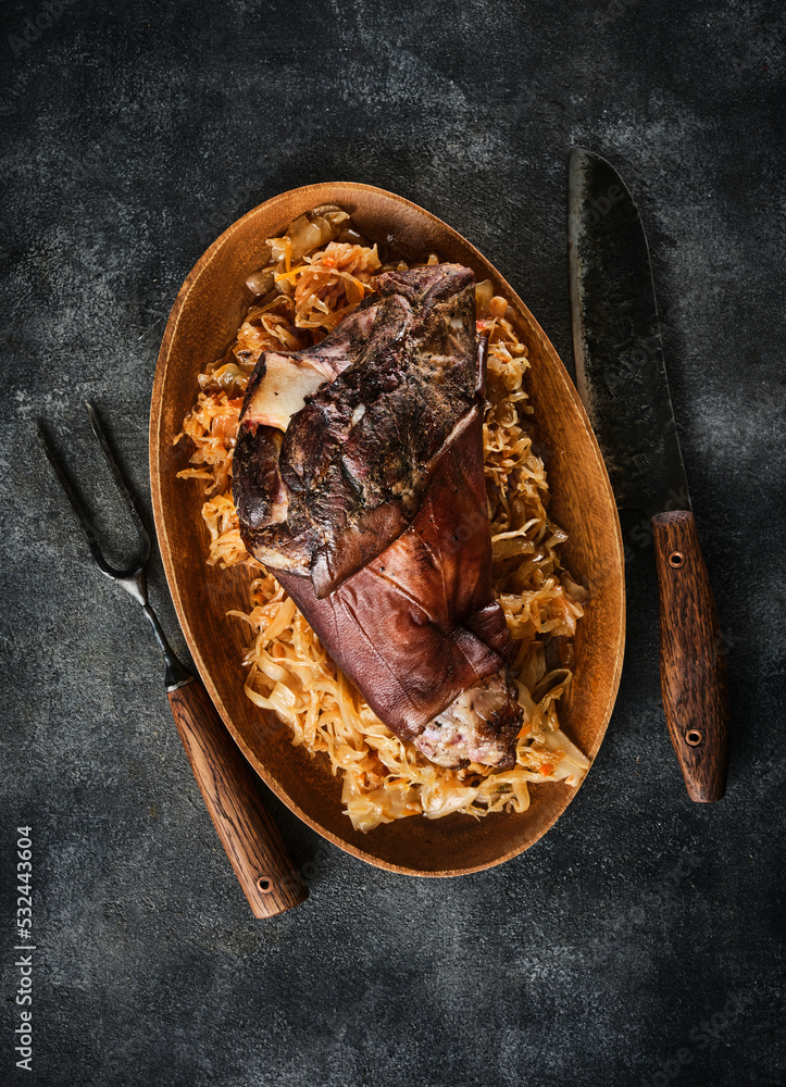 Schweinshaxe, in German cuisine, is a roasted ham hock (or pork knuckle ...