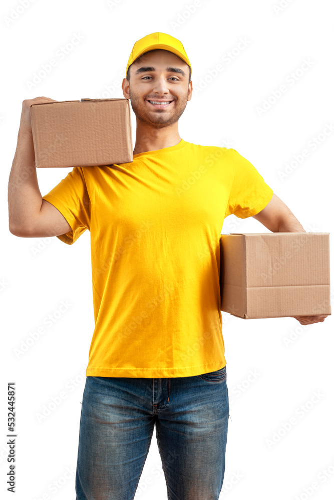 Delivery man with a box. Courier in uniform cap and t-shirt service ...