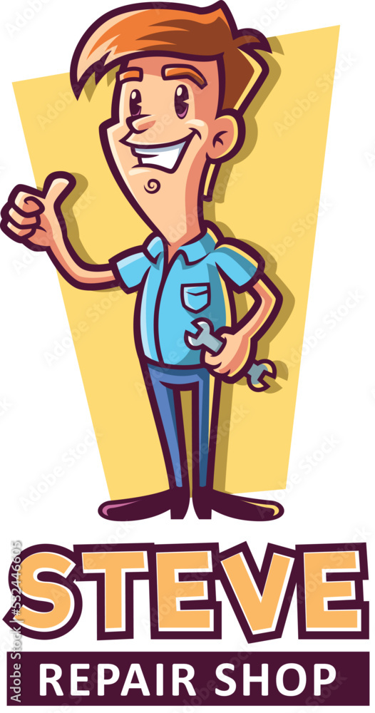 Cartoon Repair Man Holding a Wrench Mascot Logo Stock Vector | Adobe Stock