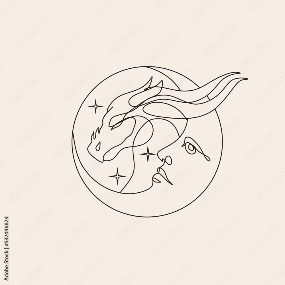 One line drawing of dragon with moon and sun logo identity. Magical ...