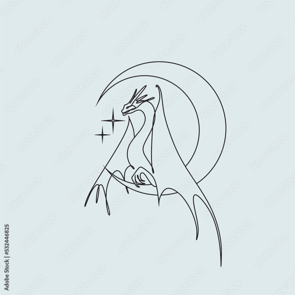 One line drawing of dragon with moon and sun logo identity. Magical ...