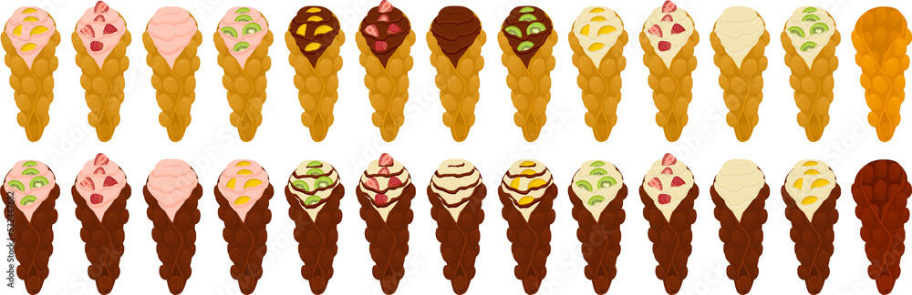 big kit different types cone waffle with bubbles for dessert biscuit ...