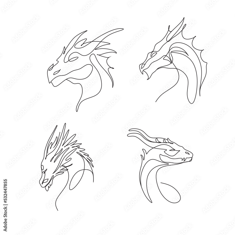 Single continuous line drawing of fictional monsters dragon for chinese ...