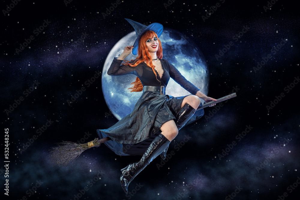 Halloween Witch flying on a broomstick. Female wizard fairy character ...