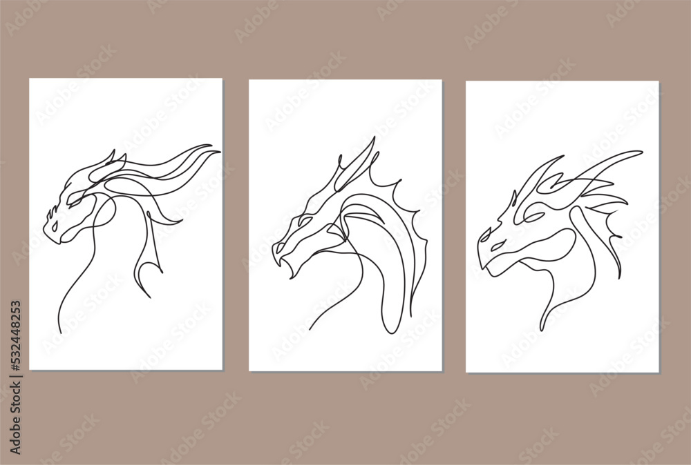 Single continuous line drawing of monsters dragon set of 3 posters ...