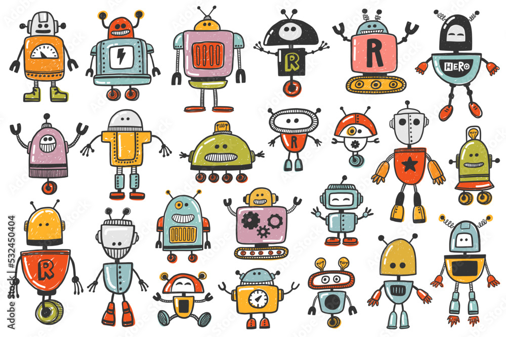 Set of vector robots in cartoon style. Hand drawn isolated vector robots in a white background ...