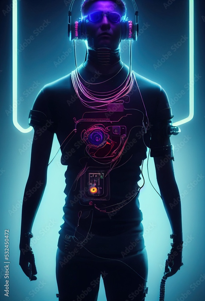 Portrait of a man wearing a cyberpunk headset and cyberpunk gear. A ...