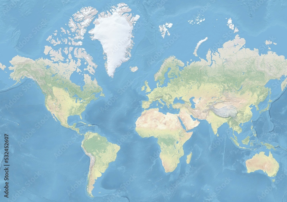 The World map Relief Bathymetry oceans in blue Stock Illustration ...