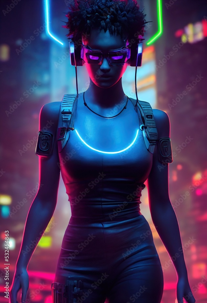 Fictional portrait of a sci-fi cyberpunk girl. High-tech futuristic ...