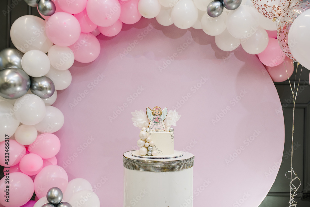 Birthday Cake on a background pink, white and silver balloons. Baby shower party. Trendy Cake ...