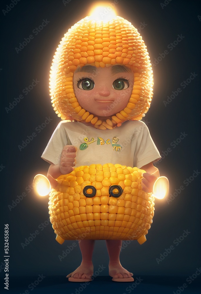 Corn man, kid character with corn hat and corn face. 3D design, digital ...