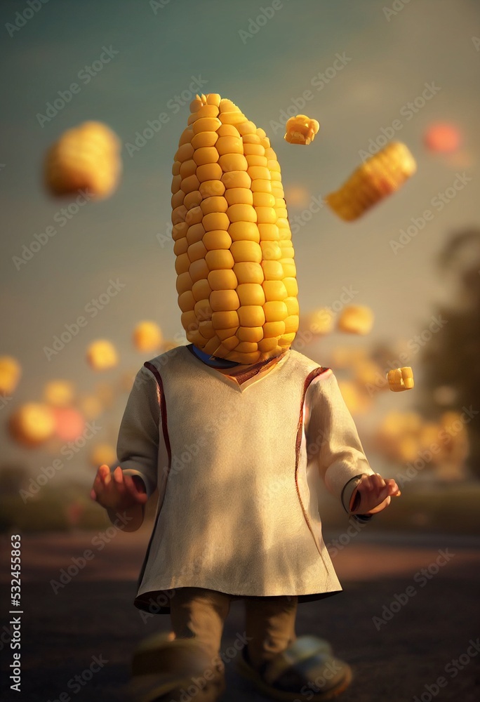 Corn man, kid character with corn hat and corn face. 3D design, digital art. Cartoon, comic ...