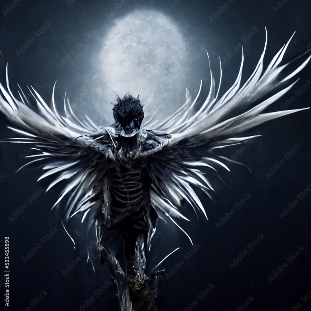 Black and white demon portrait. Demon, fur, feathers. Scary, fear, evil ...