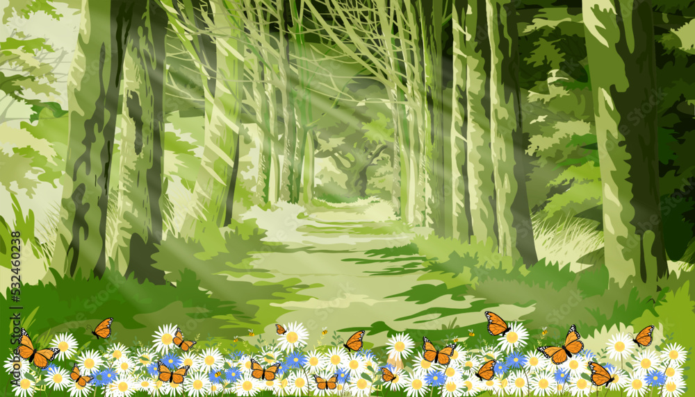 Spring forest tree with sun rays falling into a thick jungle,Vector ...