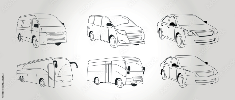 Carline drawings vector set of bus, sedan, minibus, micro, mini micro ...