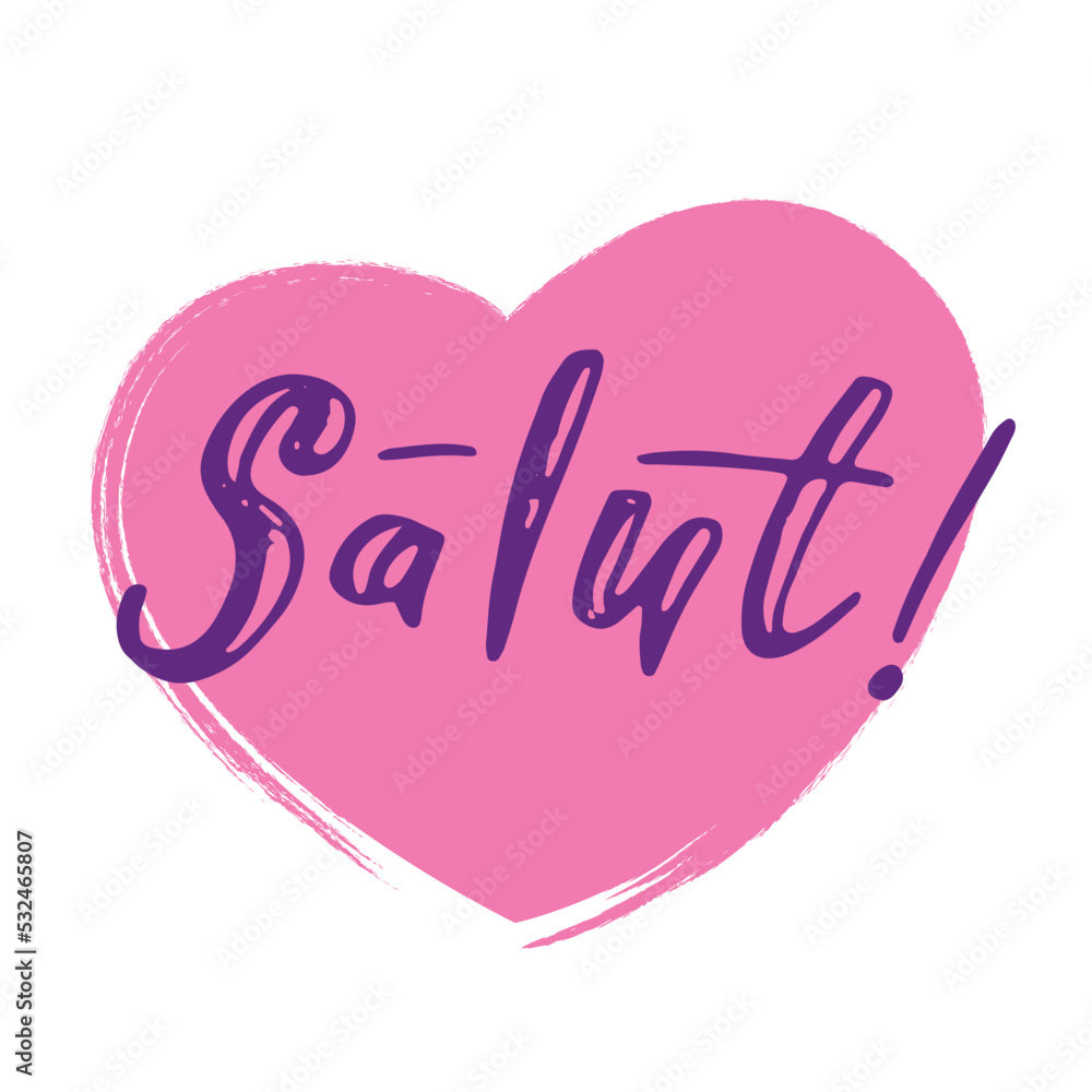 Salut! Doodle hand lettering. Pastel red letters on white background. Hello in French. French ...