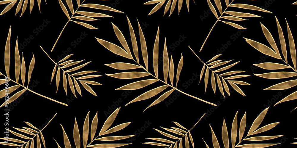 Seamless golden palm leaf repeat pattern. Vintage gold plated foliage ...