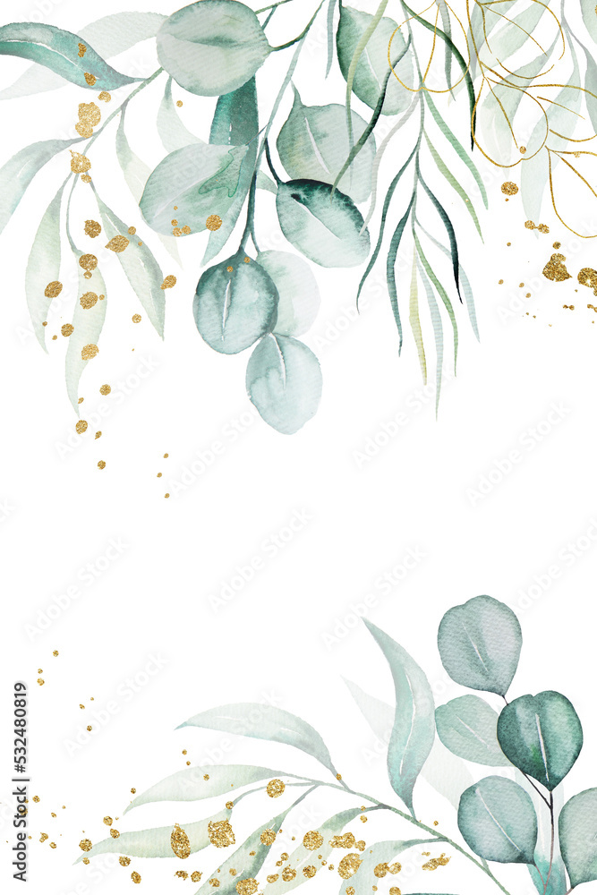 Background borders made of green watercolor eucalyptus leaves, wedding ...
