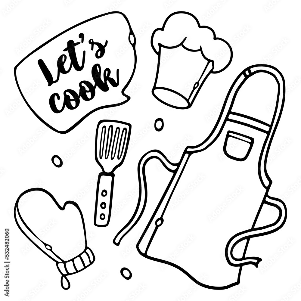 Black sketch cooking apron with lettering Let's Cook. Apron, chef's hat ...
