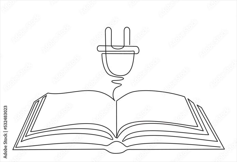continuous one line drawing of Open book with cable plug, electronic ...