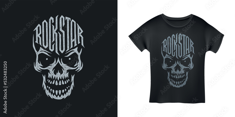Rockstar word skull t-shirt design typography. Creative hand drawn ...