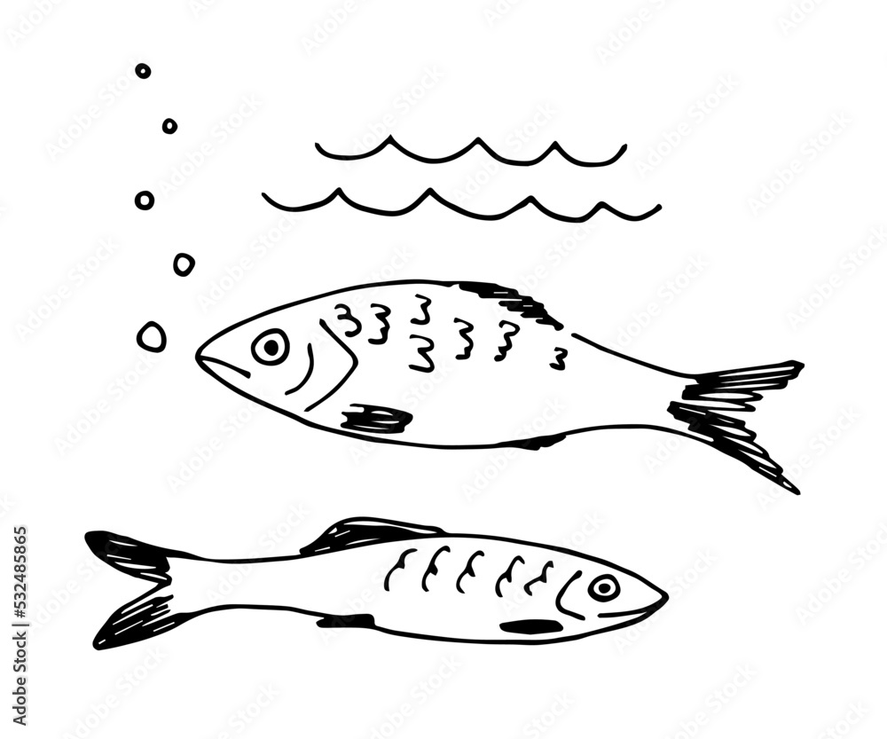 Hand drawn vector drawing with black outline. Fish underwater, bubbles ...