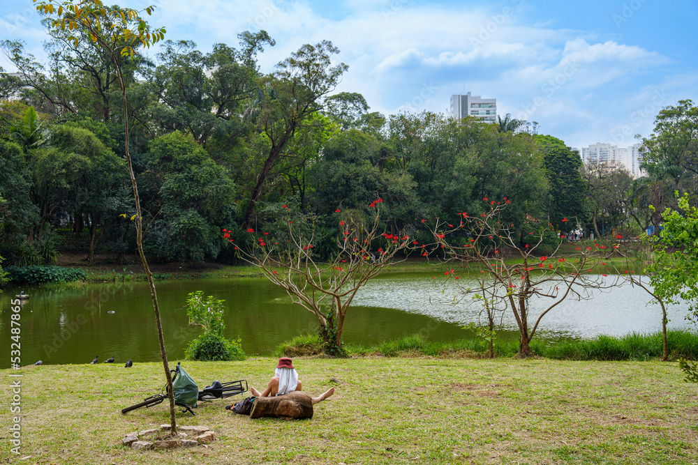 Paisagem de um parque em lindo dia de Sol com as pessoas relaxando ...