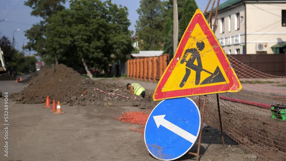 Video „Warning signs for work in progress on closed road under ...