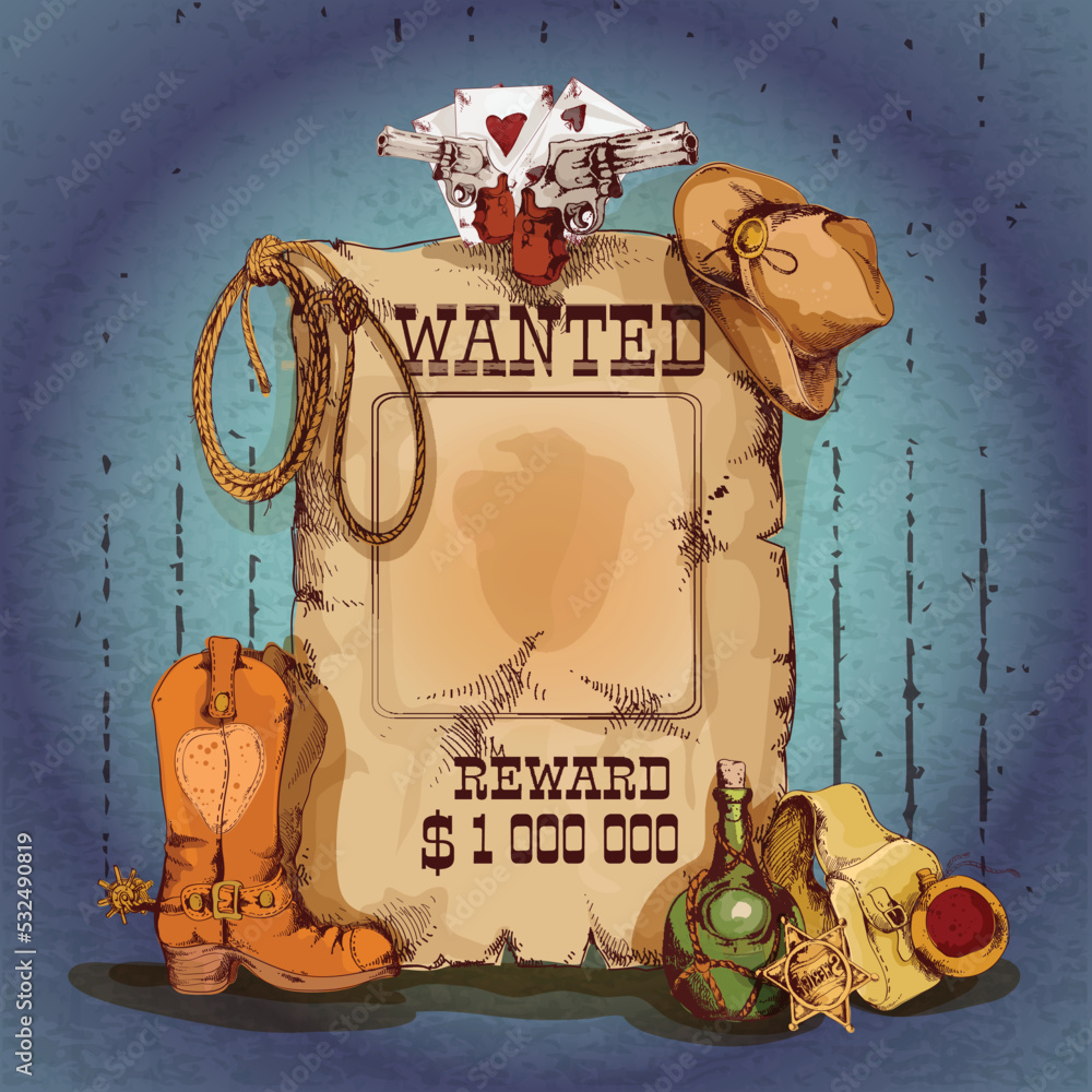 Wild west wanted man for reward poster with cowboy elements vector ...