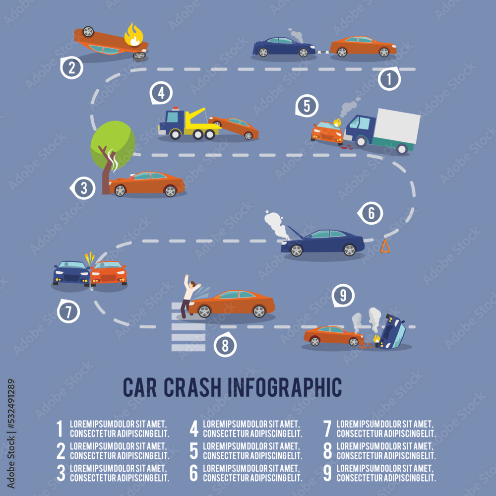 Car crash infographic set with damaged auto burning vehicle vector ...