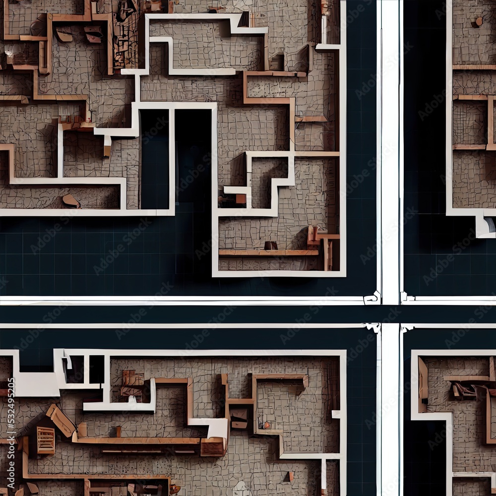 A 3D isometric top view pattern of a stone dungeon with rooms and doors ...