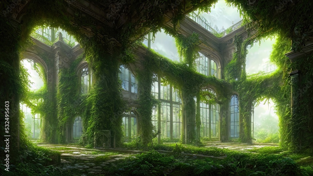 A garden in a majestic architectural building with large stained glass ...