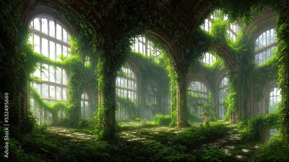 A garden in a majestic architectural building with large stained glass ...