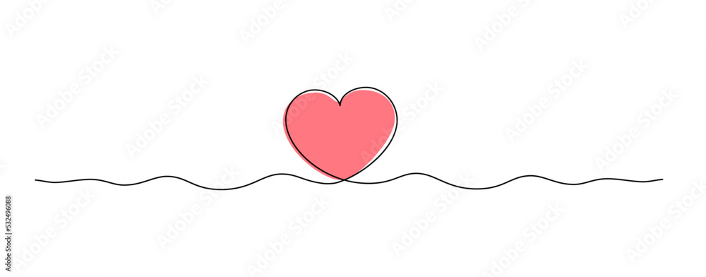 single line drawing of red heart isolated on white background, love and ...