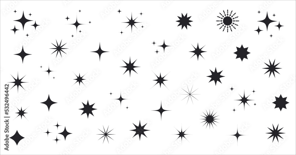 Star icons set. Twinkling stars illustration collection. Sparkles, shining burst. Christmas ...