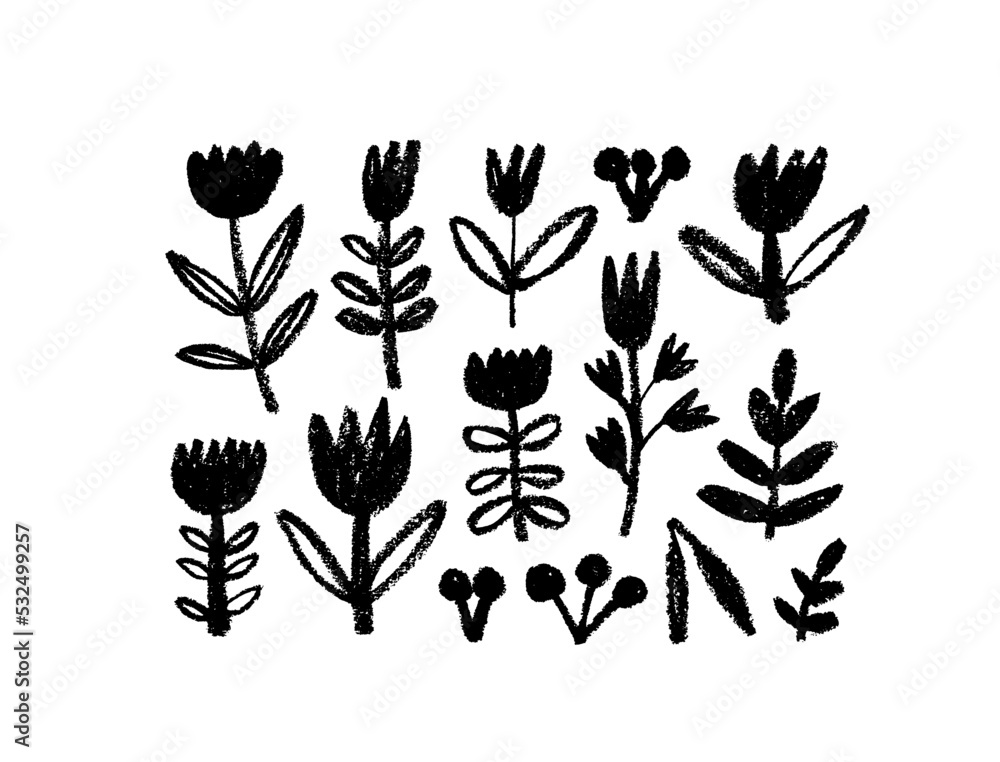 Small hand-drawn flowers set. Wild flowers and plants, medical herbs ...