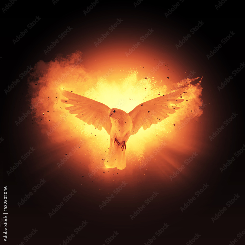 Holy Spirit Ghost Baptism Dove with Fire Explosion Particles Stock ...