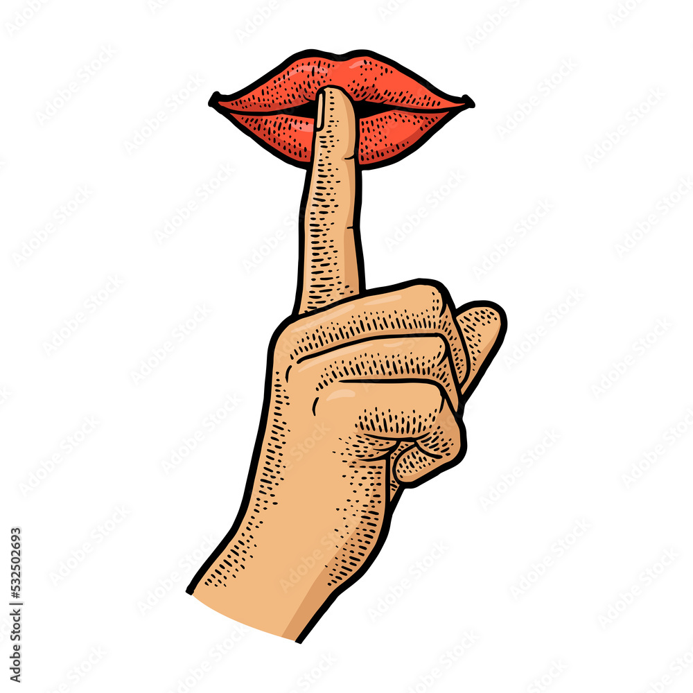 Mouth with finger silence gesture sketch PNG illustration with ...