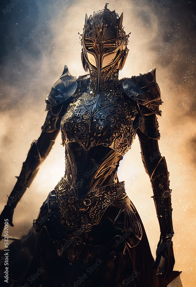 Lady knight wearing a medieval iron armor. Gentle curves, woman fighter ...