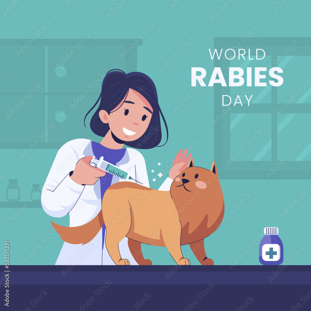 Flat illustration for world rabies day, girl doctor giving an injection ...