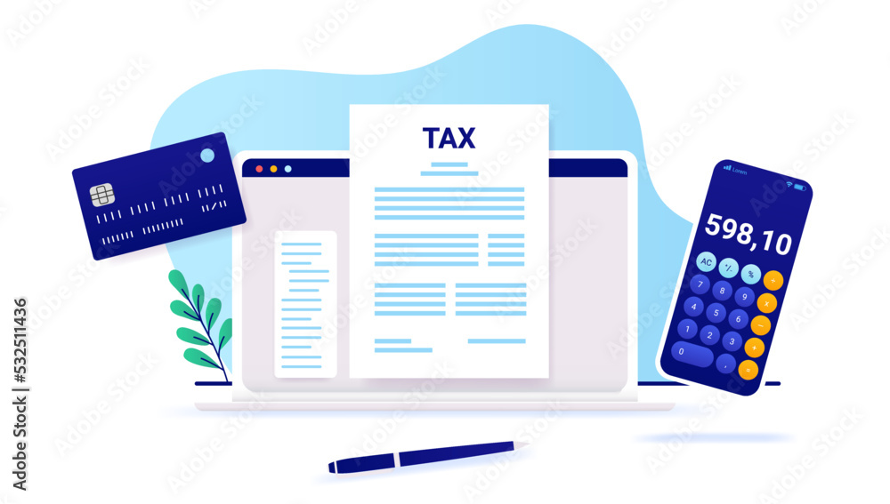 Tax online - Calculating and paying taxes on laptop computer concept ...