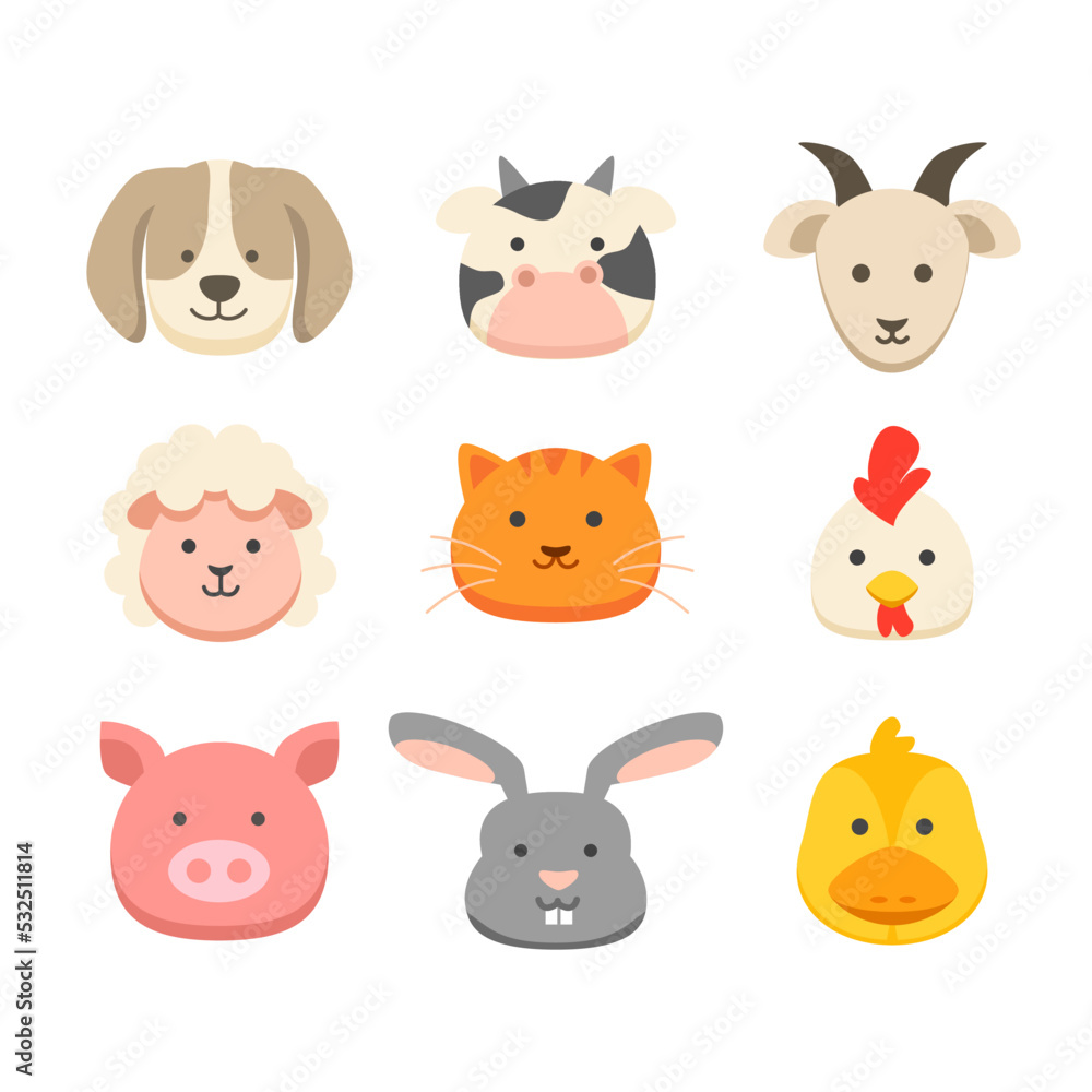 cute farm animals head collection, farm animals head vector ...