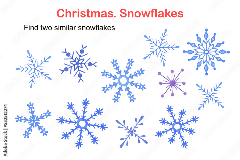 Find two similar snowflakes educational activity for children, winter ...